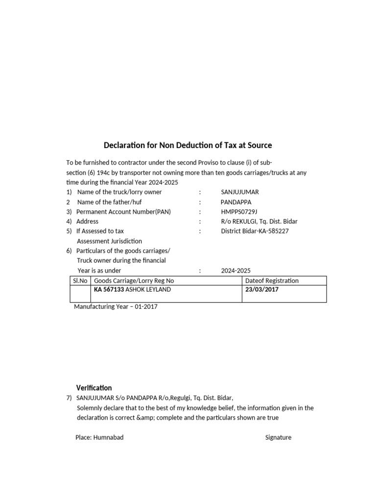 Declaration For Non Deduction of Tax at Source: Verification | PDF