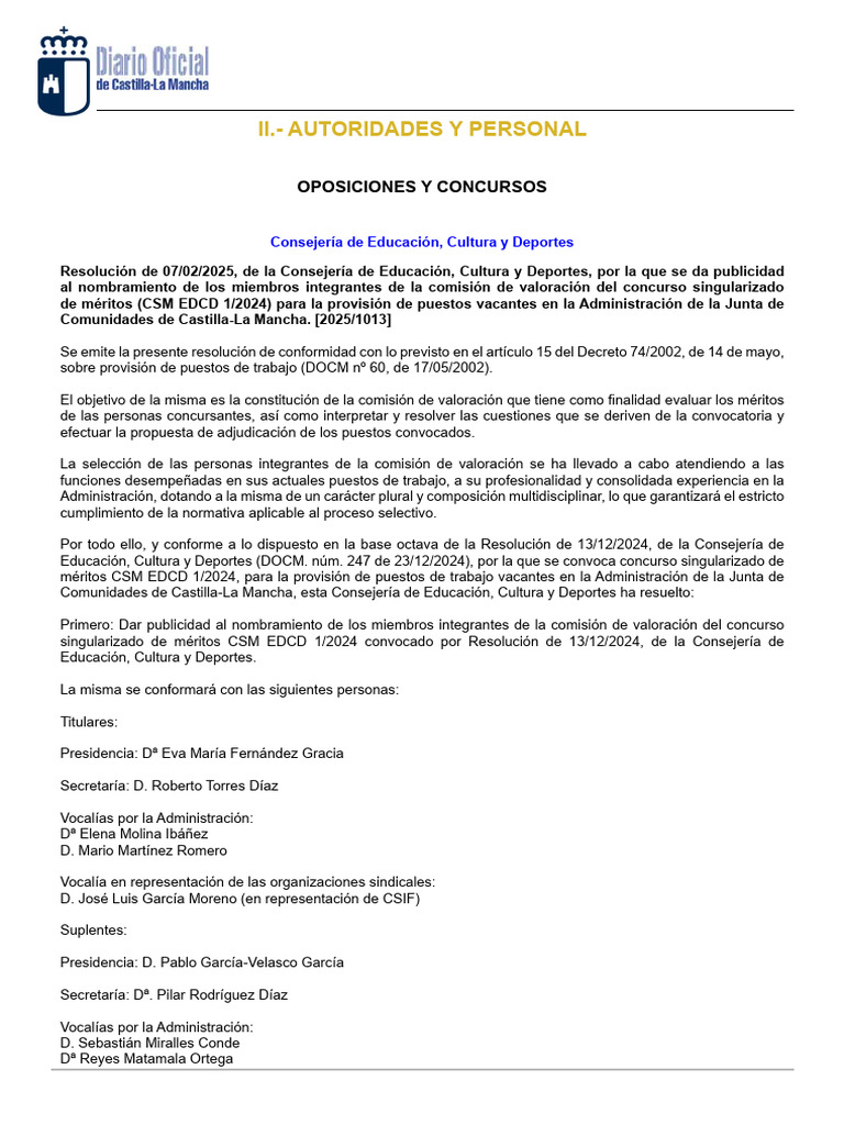 Comisión de Valoración CSM EDCD 1/2024 | PDF | Gobierno
