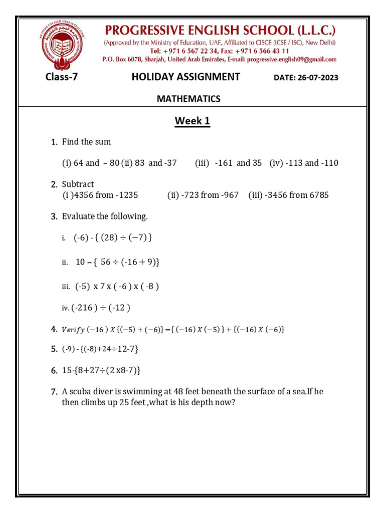 Mathematics Vacation Assignment Class 7 | PDF | Numbers | Mathematics