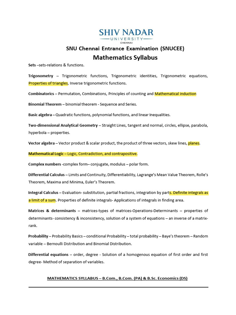 Mathematics Syllabus SNUCEE | PDF | Integral | Equations