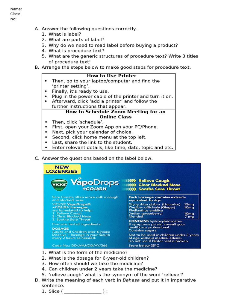 Understanding Labels and Procedure Texts | PDF