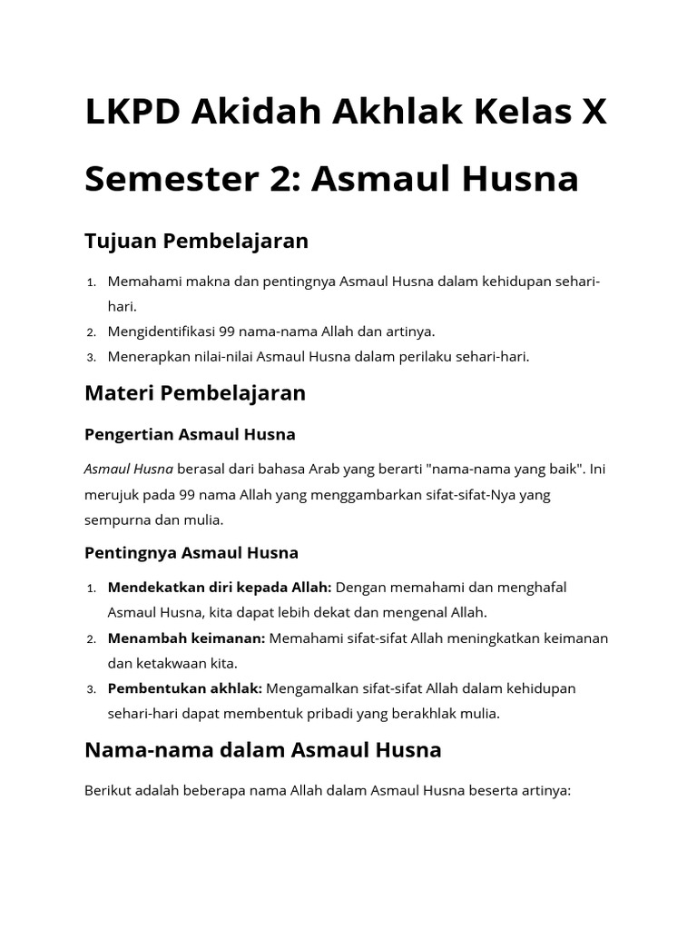 LKPD Akidah Akhlak Kelas X Semester 2 Asmaul Husna | PDF