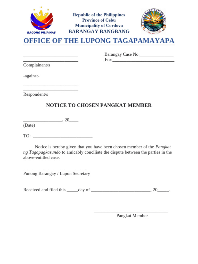Barangay Conciliation Notice Template | PDF