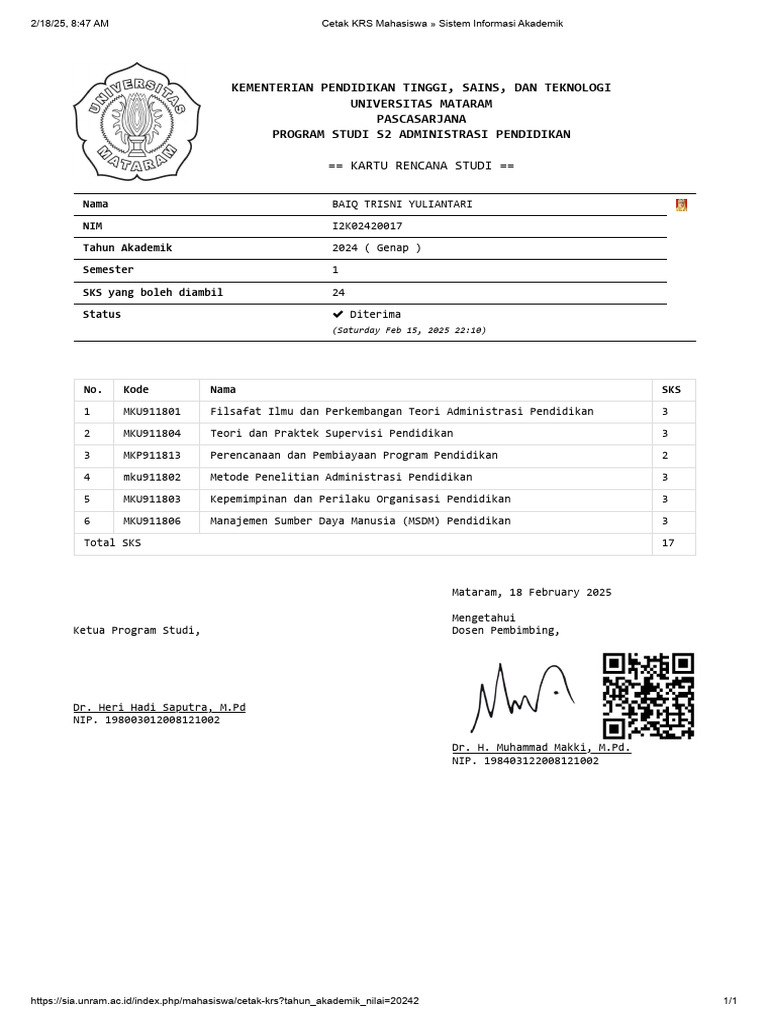 Cetak KRS Mahasiswa Sistem Informasi Akademik | PDF