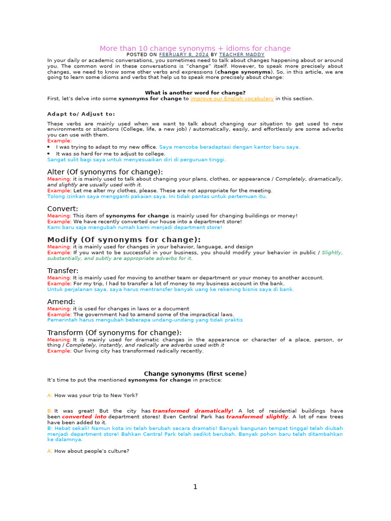 Change Synonyms for ESL Learners | PDF | Linguistics | Grammar