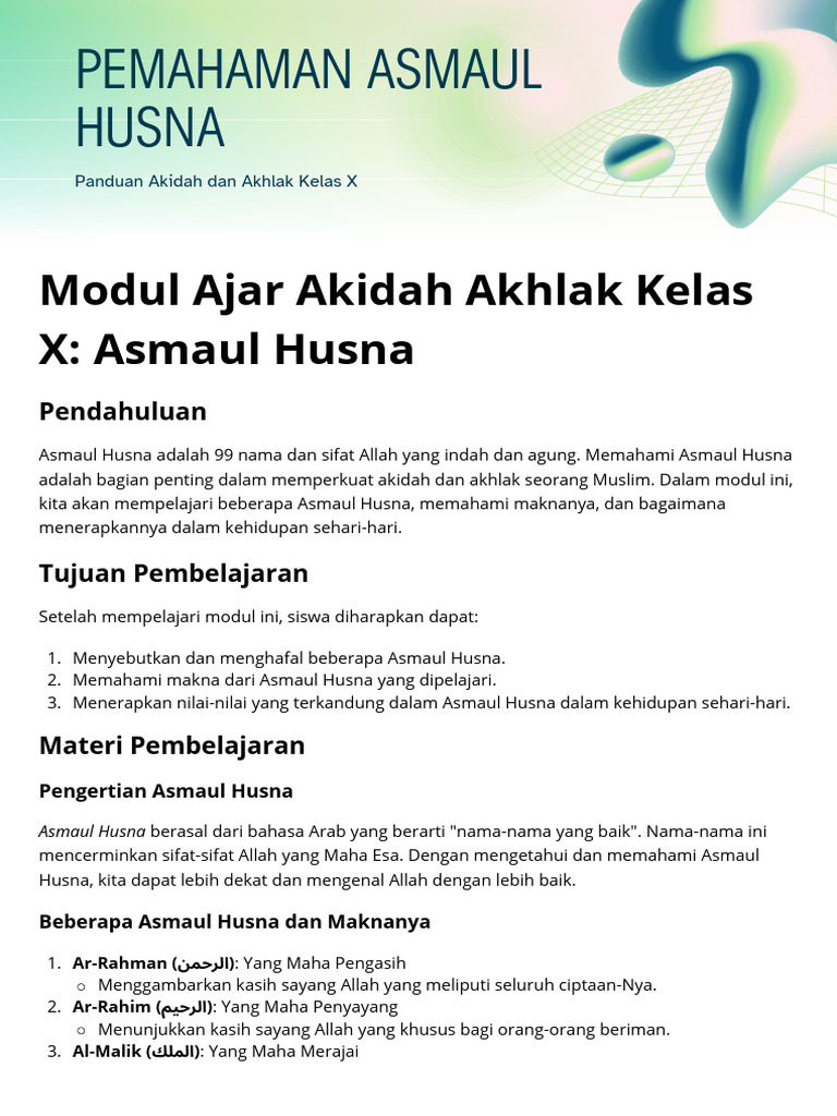 Modul Ajar Akidah Akhlak Kelas X Asmaul Husna | PDF
