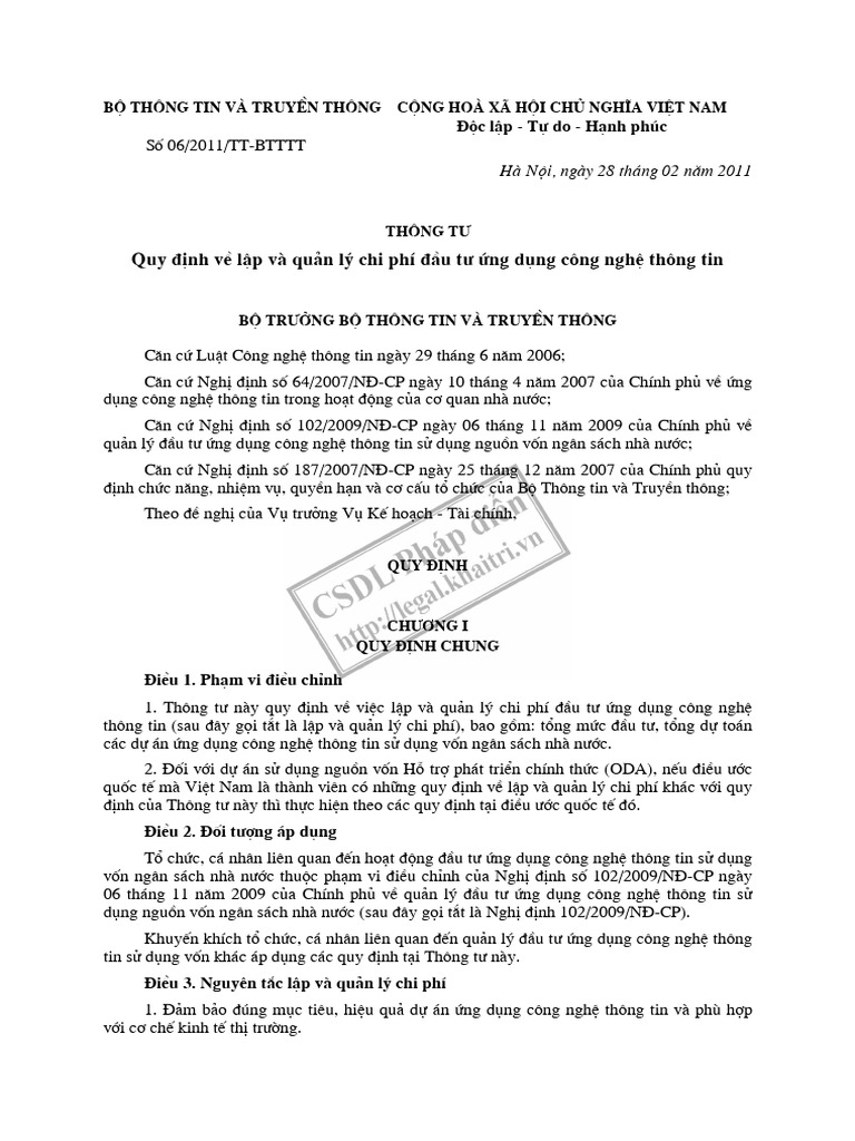 06 - 2011-TT-BTTTT Huong Dan Lap Va Quan Ly Chi Phi Dau Tu CNTT | PDF