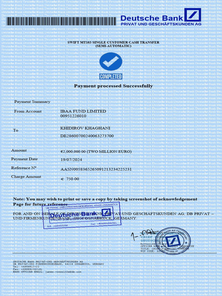 MT103 Cash Transfer Receipt | PDF