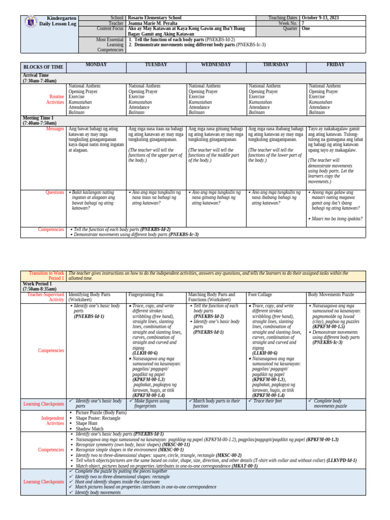 Kindergarten-DLL-MELC-Q1-Week 7 Asf | PDF | Shape | Teachers
