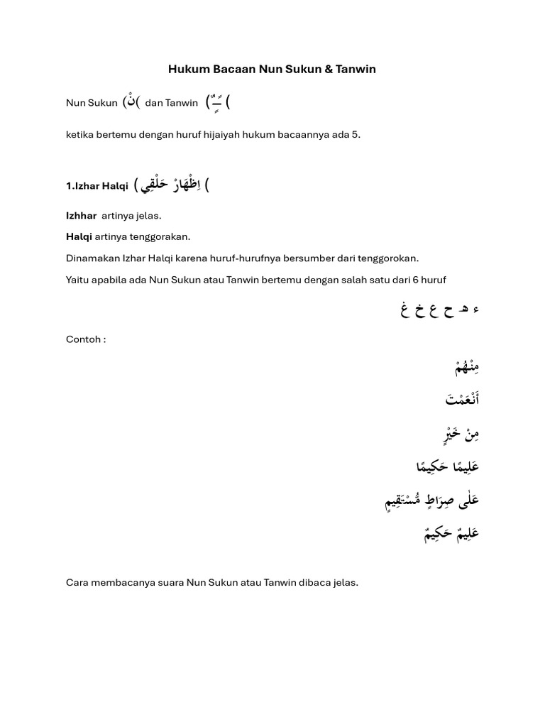 Hukum Bacaan Nun Sukun & Tanwin | PDF