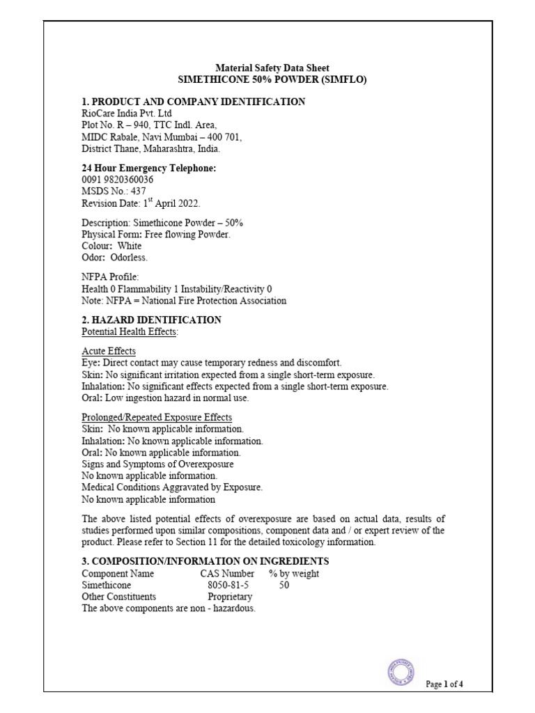 MSDS Simethicone 50 Powder (Simflo) | PDF | Fires | Firefighting