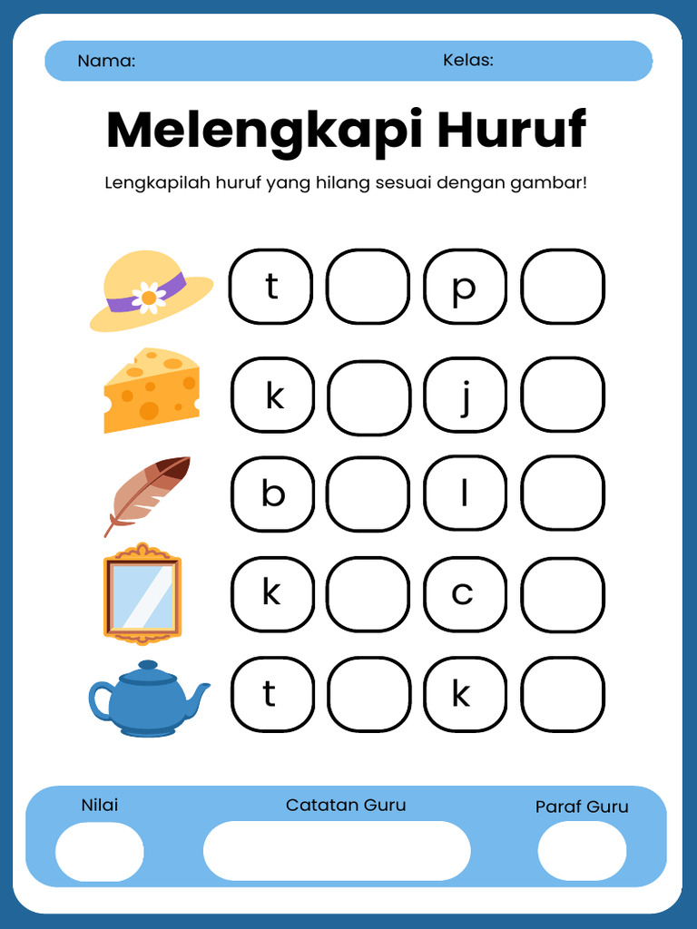 Melengkapi Huruf Worksheet Biru Dan Putih Gaya Ilustratif | PDF