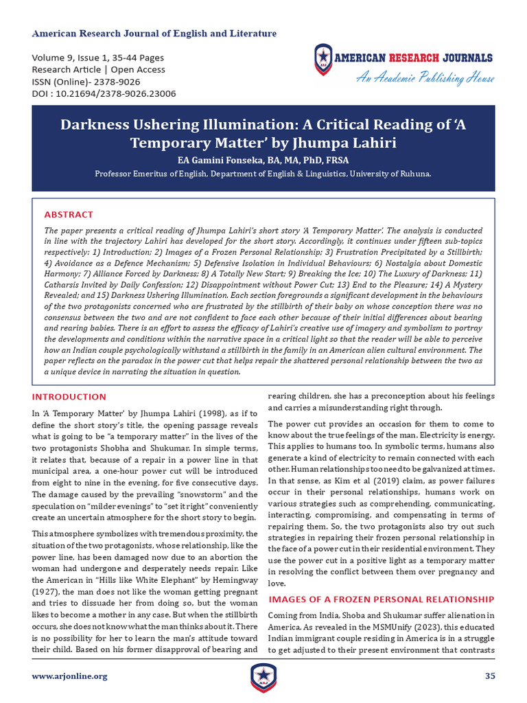 Jhumpa Lahiri - Research Article On A Temporary Matter | PDF