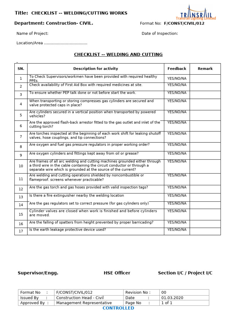 Checklist For Welding & Cutting Works | PDF | Mechanical Engineering ...