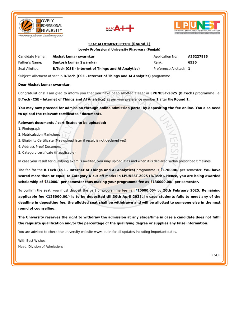 LPUNEST 2025 B.Tech Seat Allotment Letter | PDF