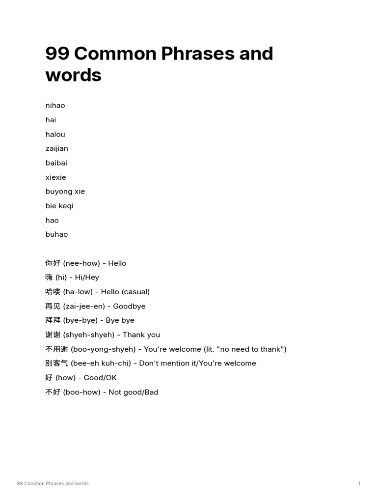 99 Common Chinese Phrases Guide | PDF