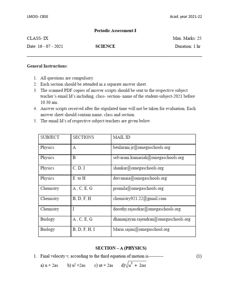 Grade Ix Science Pa1 Paper | PDF | Velocity | Pressure