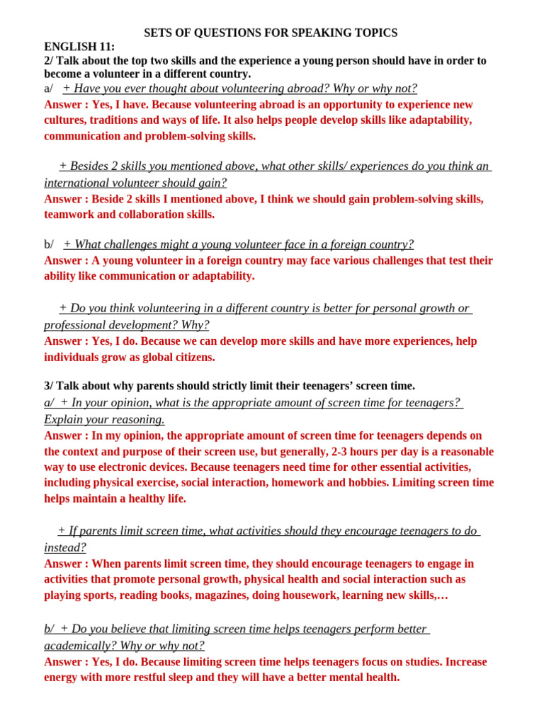 Speaking Topics for English 11 Students | PDF | Adolescence | Urban ...