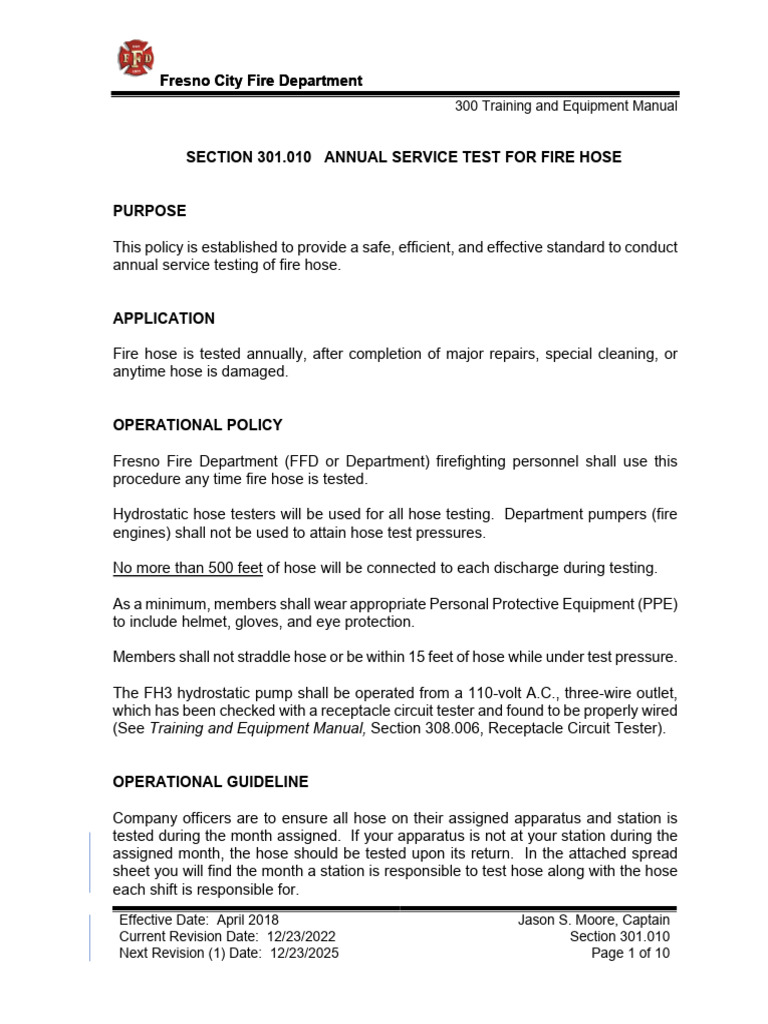 301.010 - Annual Service Test For Fire Hose | PDF | Pump | Valve