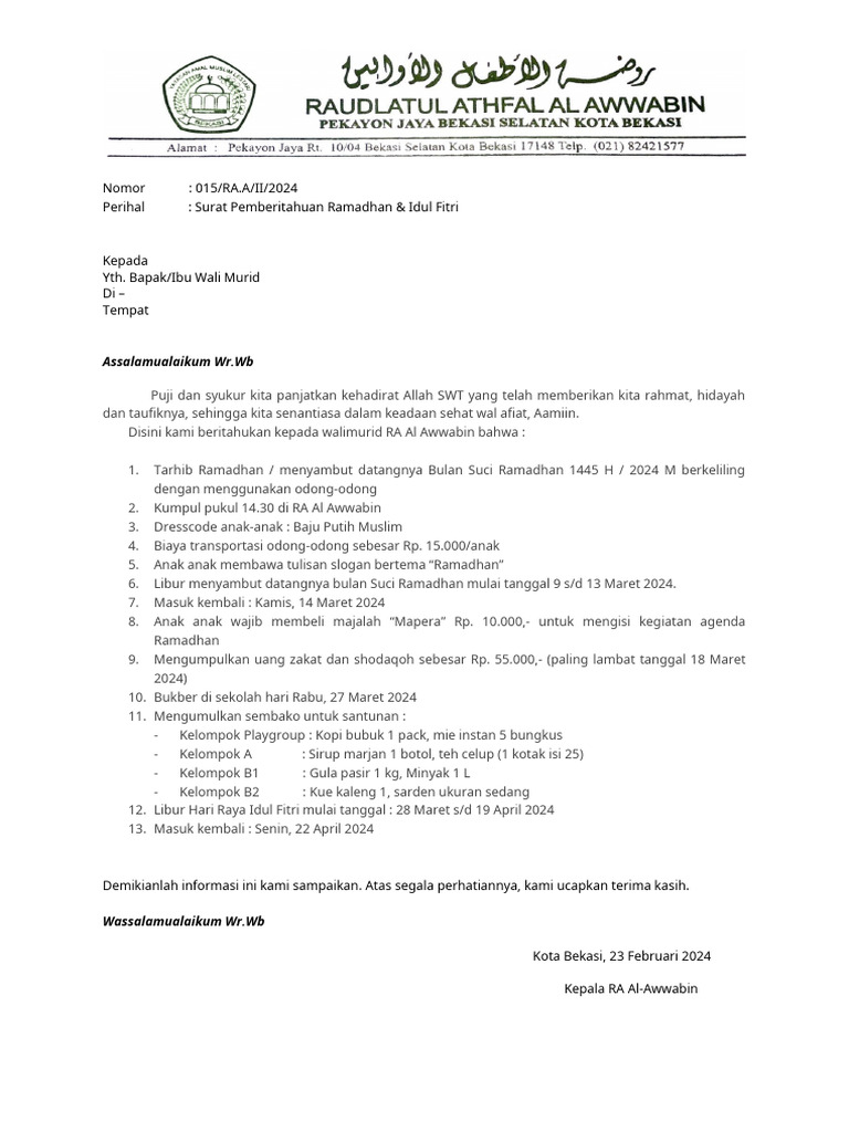 Surat Pemberitahuan Ramadhan | PDF