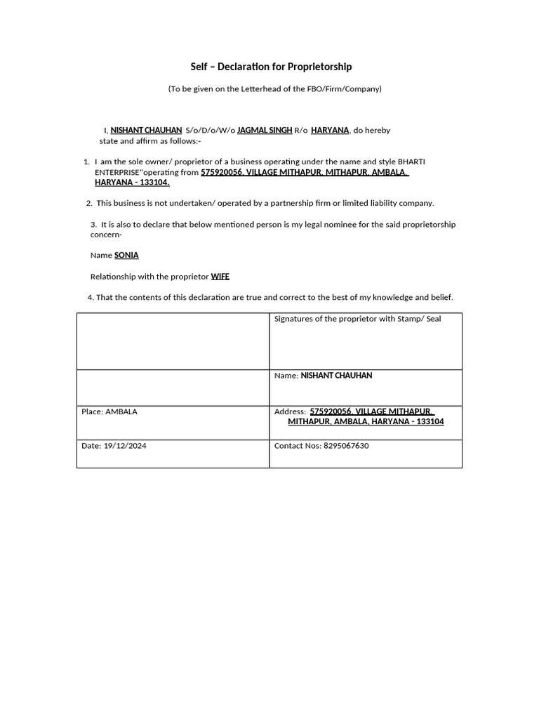 Self – Declaration for Proprietorship(1)(1) | PDF