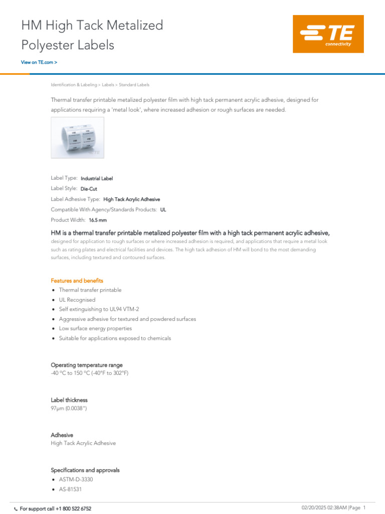 High Tack Metalized Polyester Labels | PDF | Physical Sciences | Materials