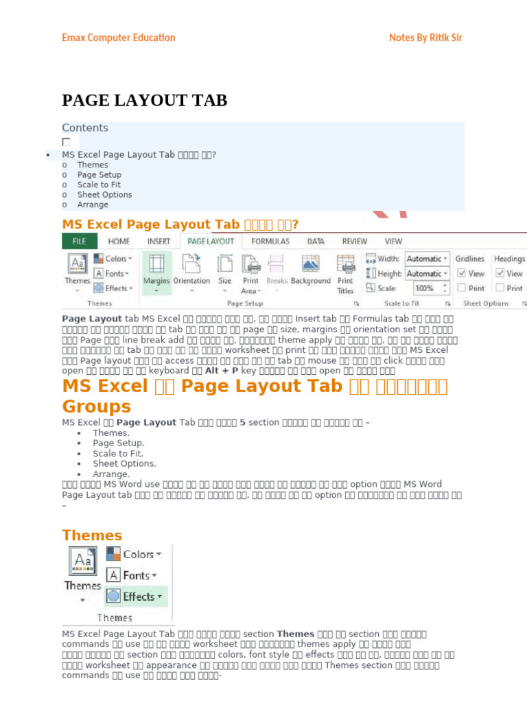 PAGE LAYOUT TAB & EXCEL | PDF