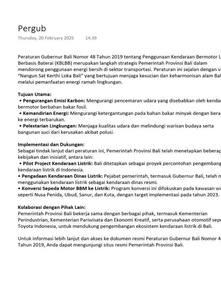 Pergub Bali No. 48/2019: Kendaraan Listrik | PDF