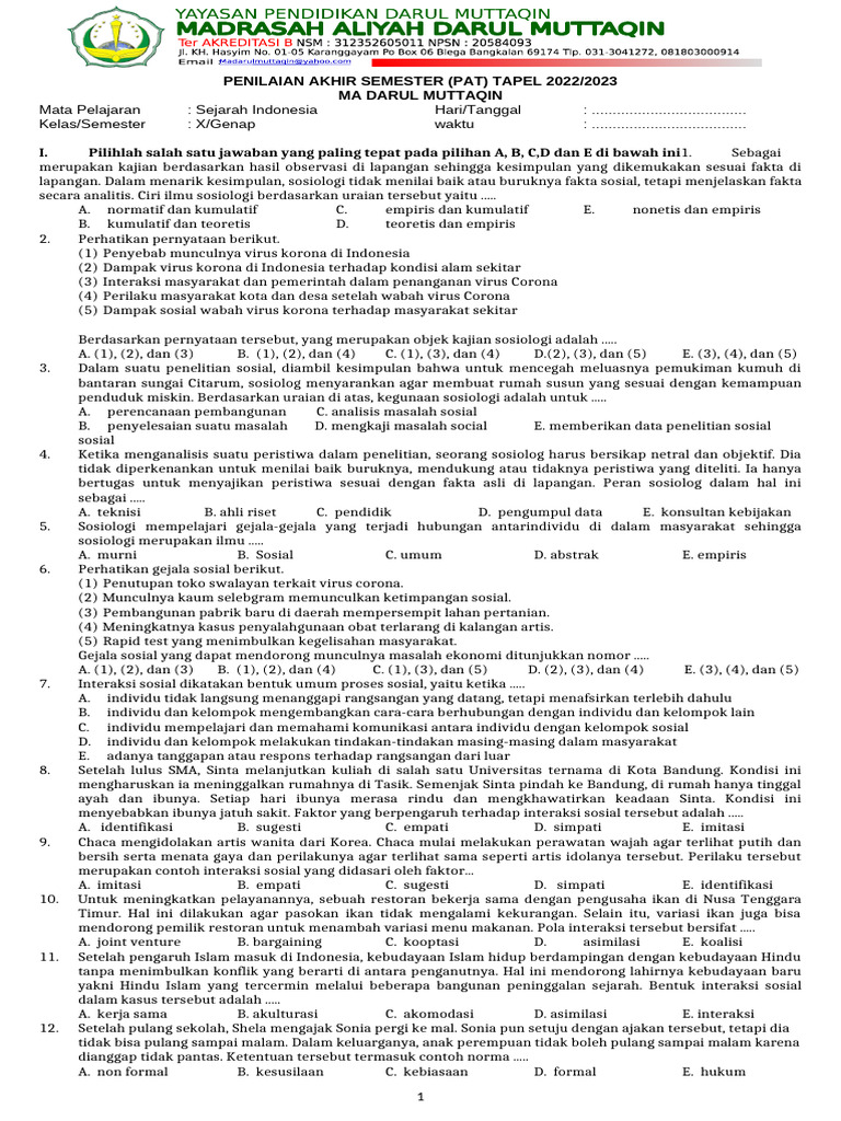 Soal PAT Sosiologi X | PDF