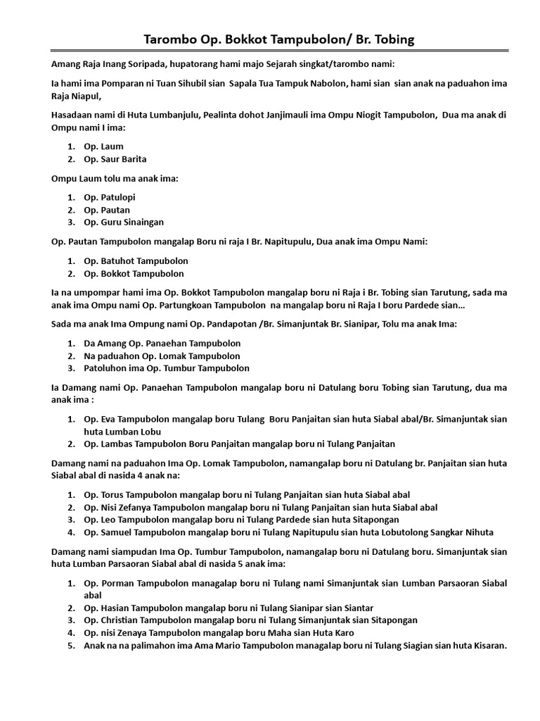 Tarombo Keluarga Tampubolon | PDF