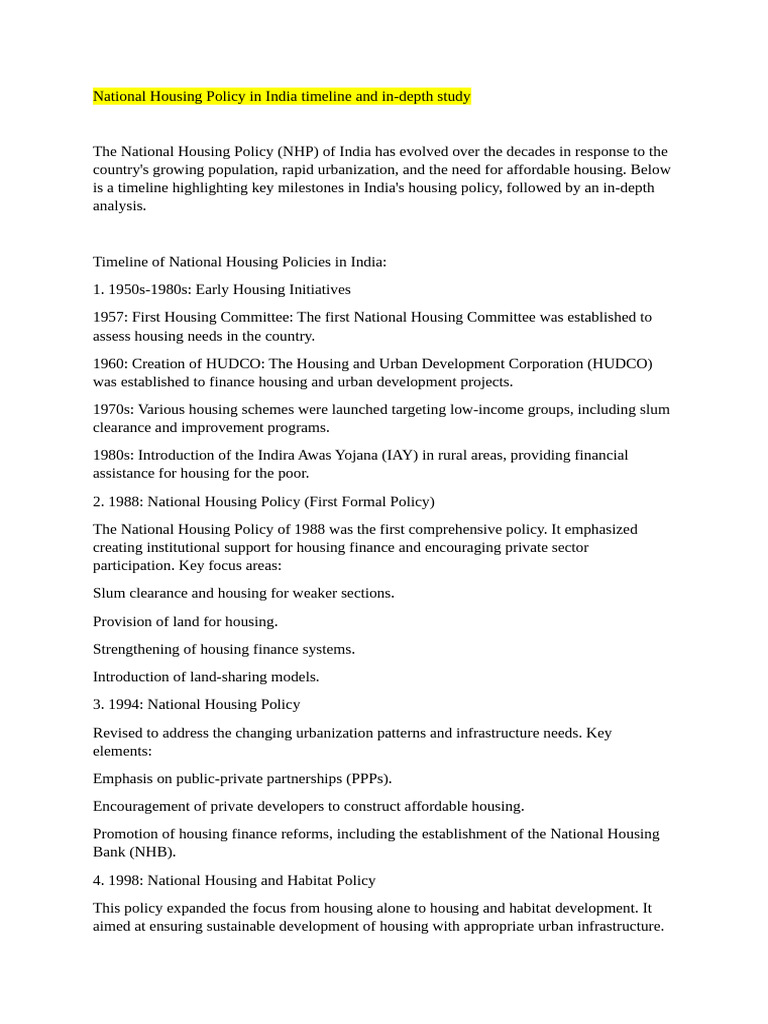 National Housing Policy in India Timeline and Indepth Study | PDF ...