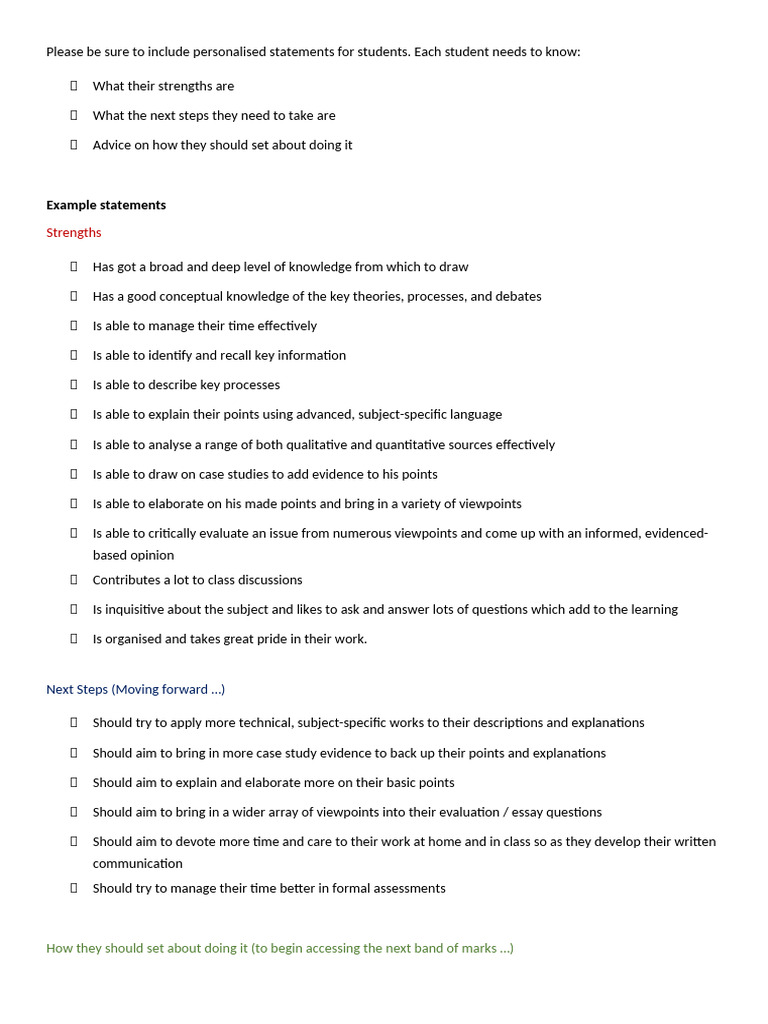 Sentences For Personalised Reports | PDF | Knowledge | Learning