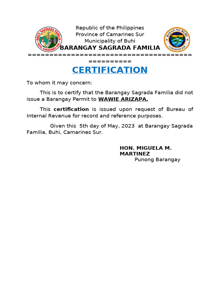 Barangay Certification | PDF