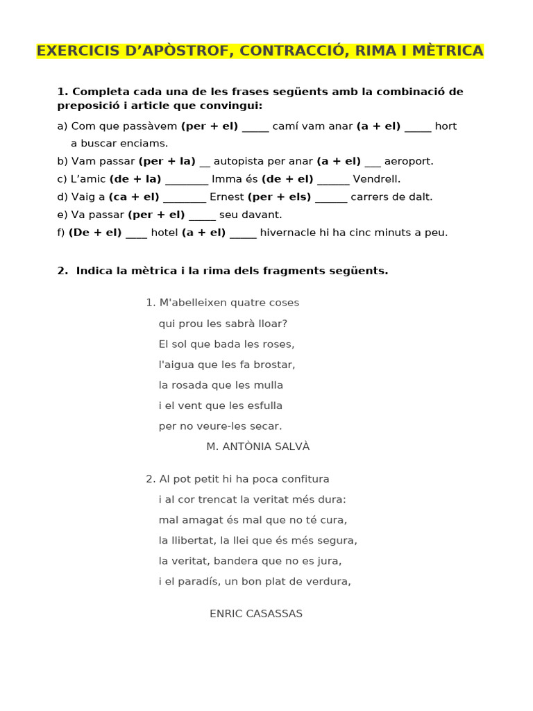 Exercicis d_apòstrof, contracció, rima i mètrica | PDF