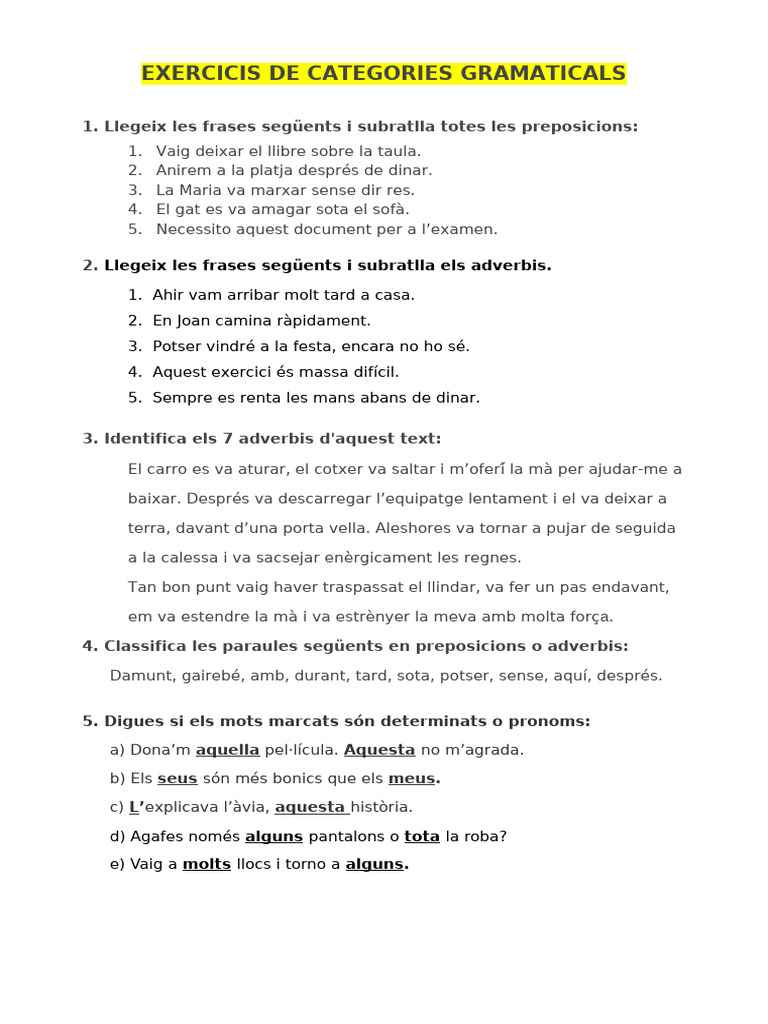 Exercicis categories gramaticals - 2 | PDF