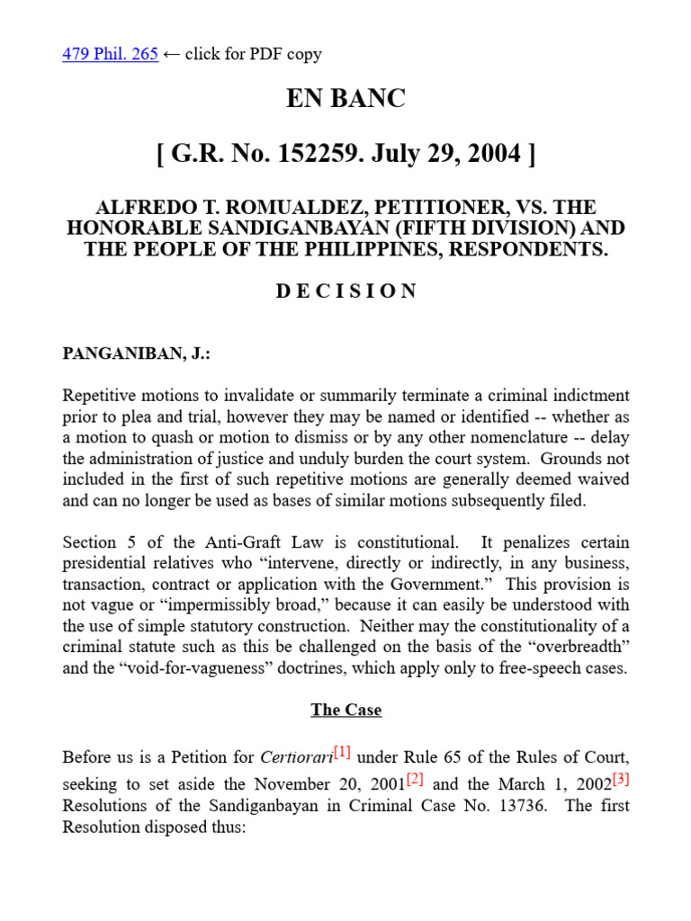 Romualdez vs. Sandiganbayan | PDF | Overbreadth Doctrine | Judiciaries