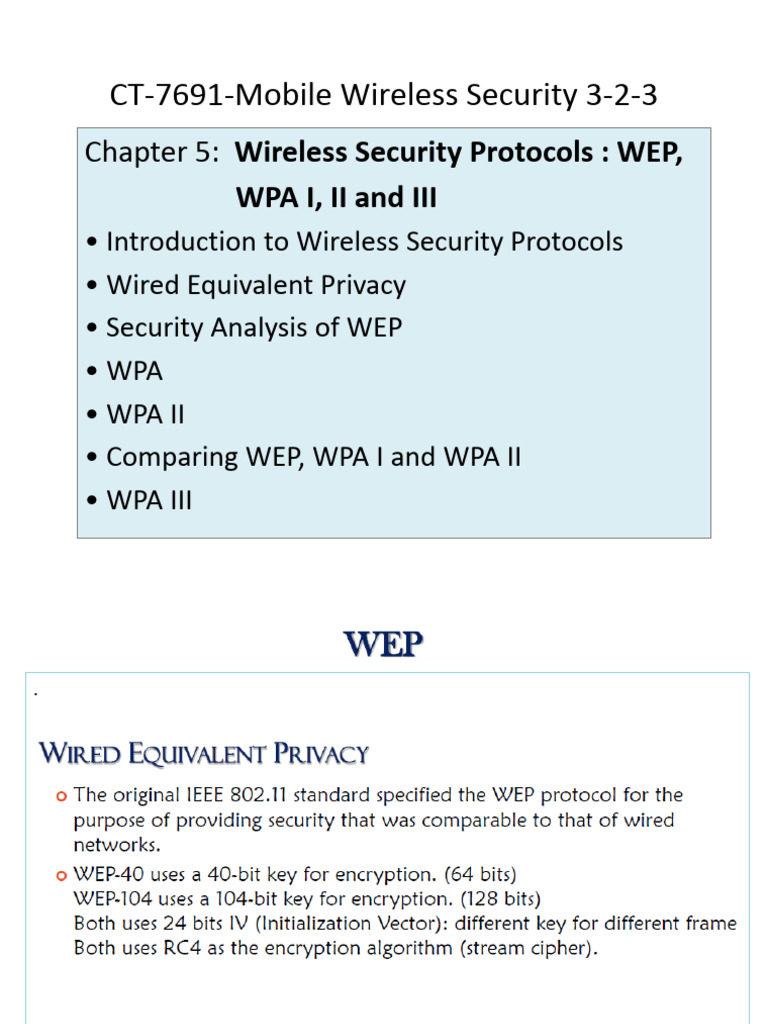 Chapter 5 - Wireless Security Protocols WEP, WPA I, II and III - Class | PDF