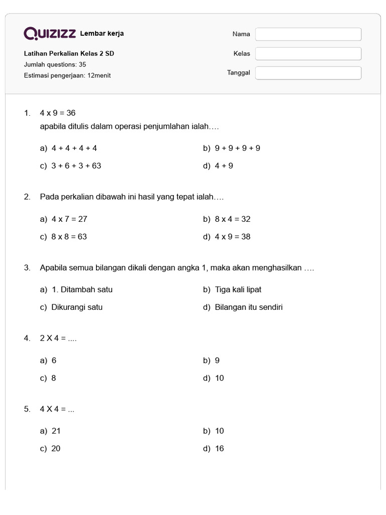 Latihan Soal Perkalian Kelas 2 SD | PDF