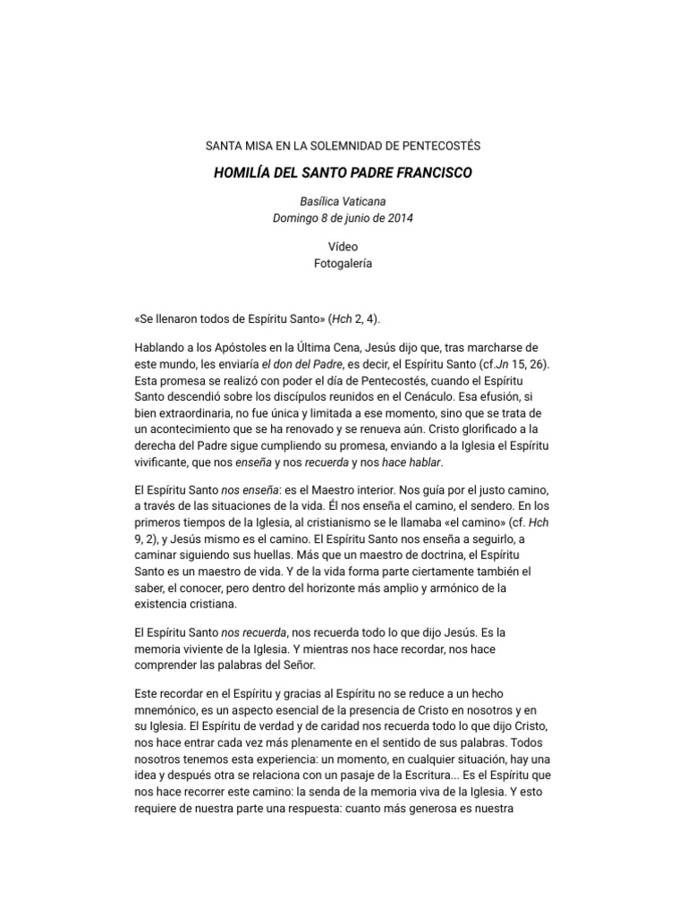 Santa Misa En La Solemnidad De Pentecostés 8 De Junio De 2014