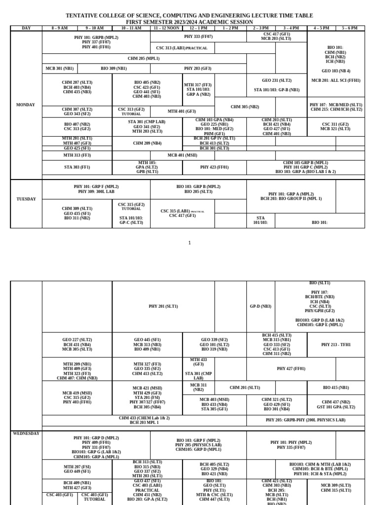 TENTATIVE LECTURE TIMETABLE 2023-2024 | PDF