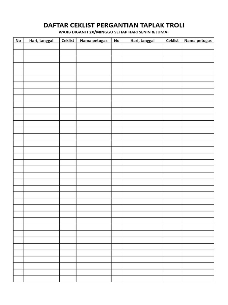 Daftar Ceklist Pergantian Taplak Troly - Docx - Google Dokumen | PDF