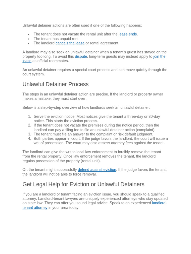Unlawful Detainer Guide for Landlords | PDF
