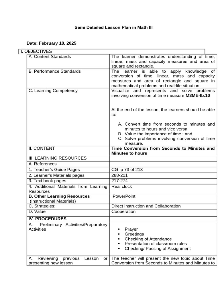 Time Conversion Lesson Plan for Math III | PDF | Learning | Lesson Plan