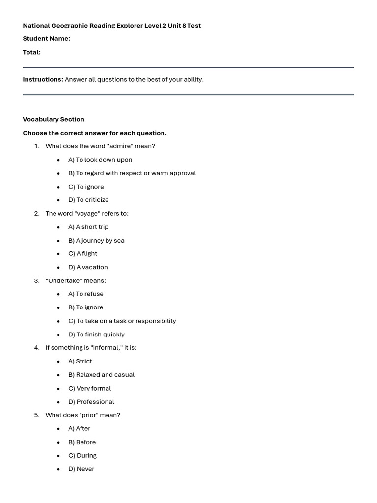 National Geographic Reading Explorer Level 2 Unit 8 Test | PDF | Marco ...