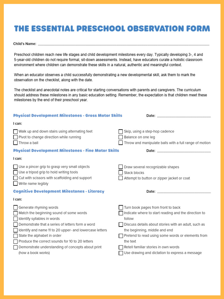 Preschool Development Observation Checklist | PDF | Child Development ...
