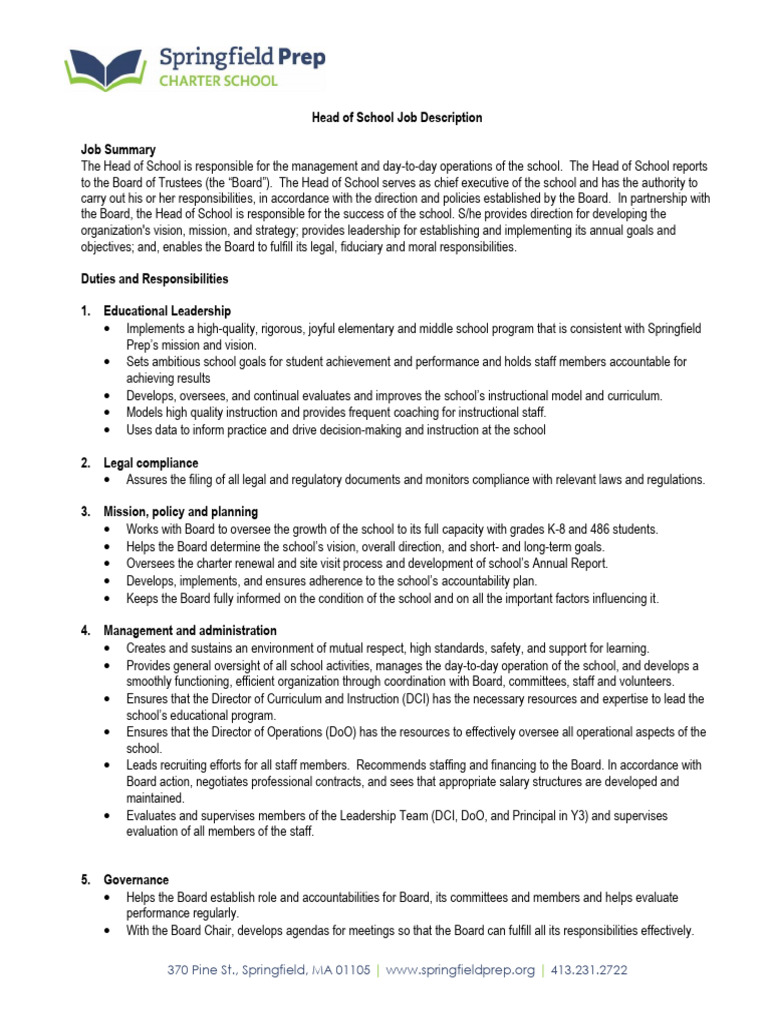 Head of School Job Description | PDF | Regulatory Compliance | Teachers