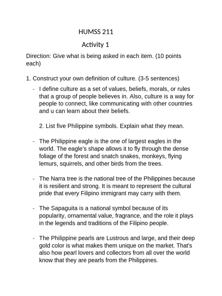 HUMSS 211 Activity 1 | PDF | Philippines | Eagle