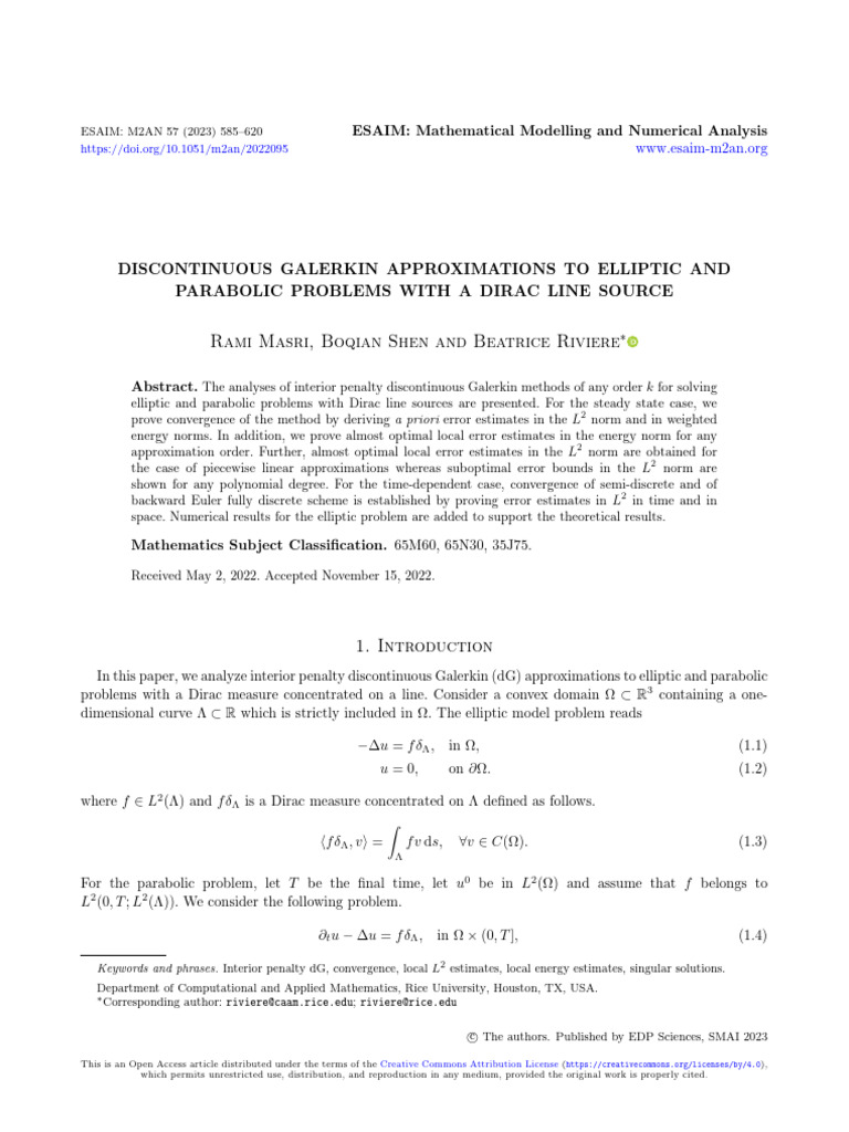 Discontinuous Galerkin Approximations To Elliptic and Parabolic Problems With A Dirac Line ...