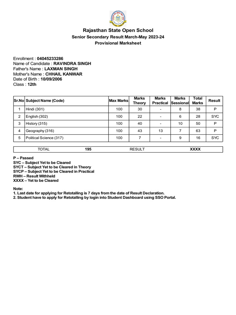 12th Grade Provisional Marks Report | PDF