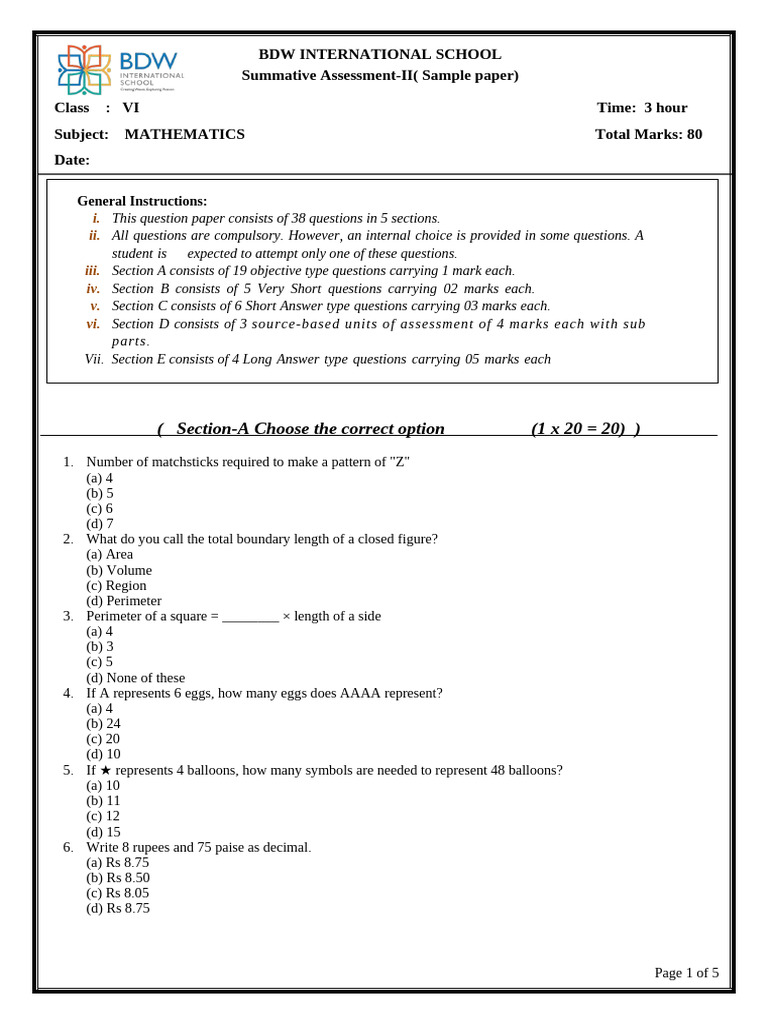 Class 6 Maths Summative Assessment II | PDF | Area | Mathematics